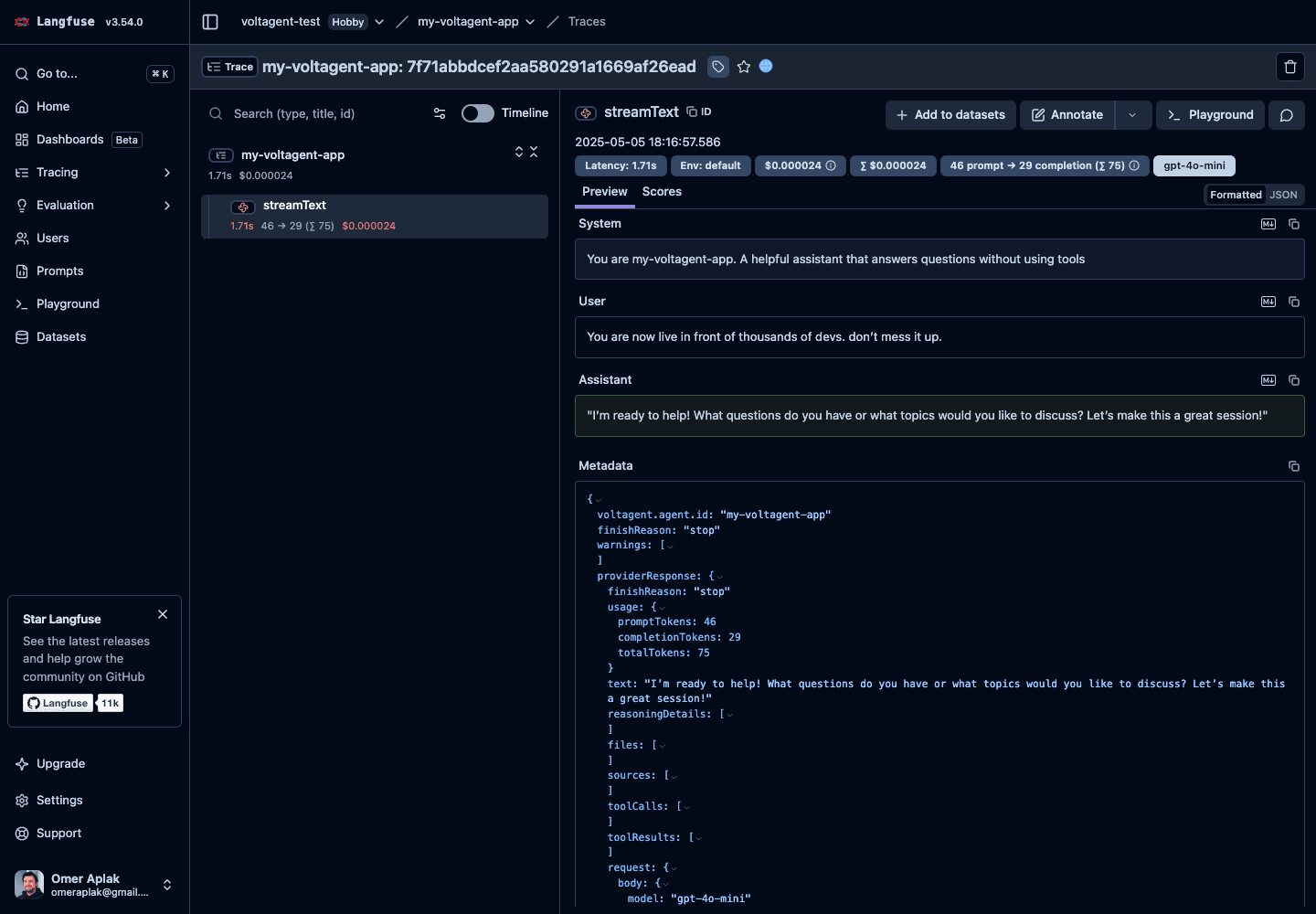 Observability for VoltAgent with Langfuse - Langfuse
