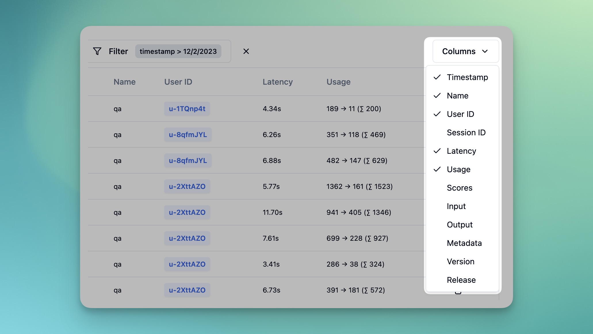 Change column visibility - Langfuse